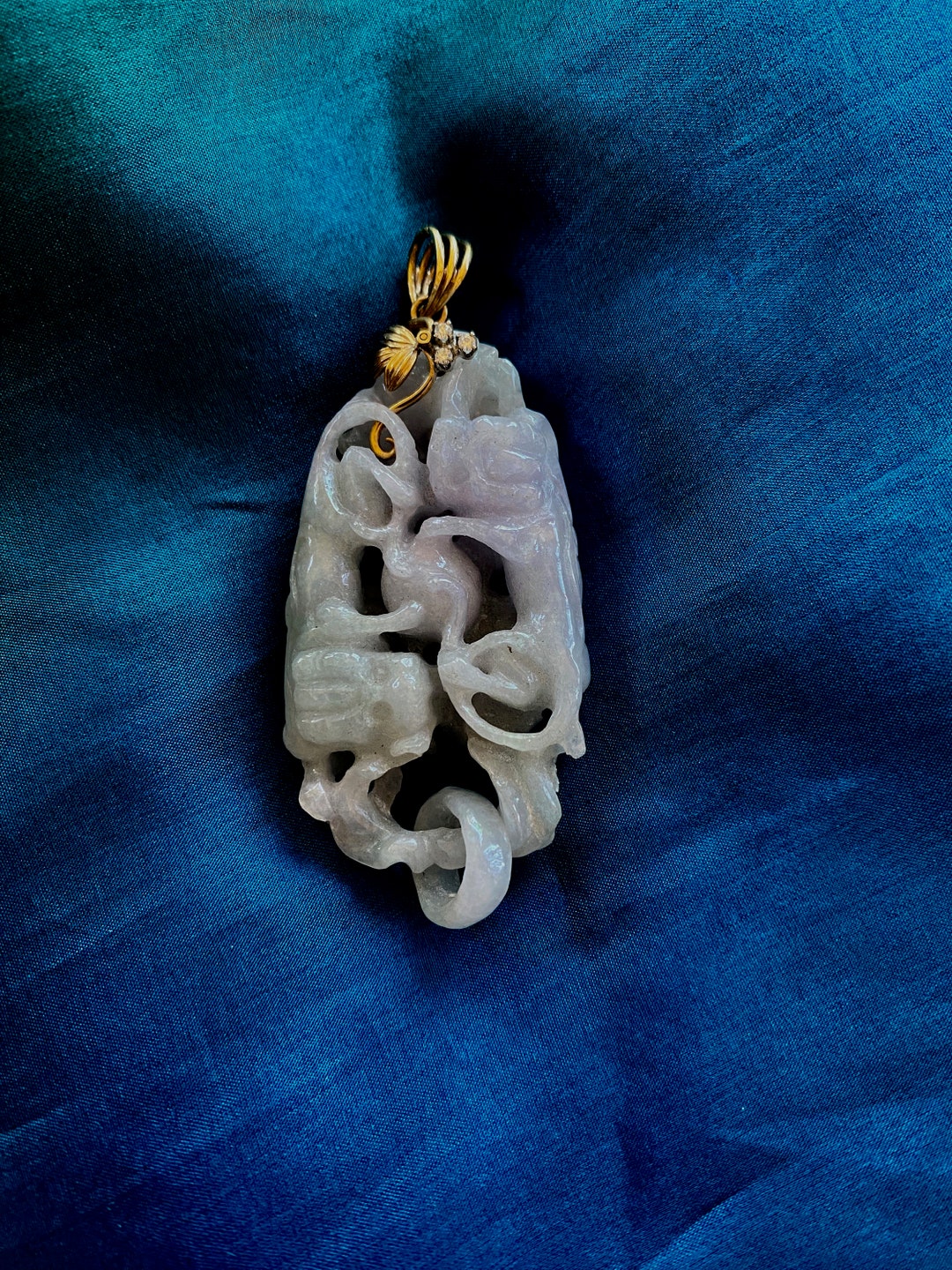 Carved 3D Jade Pendant Set With 14K Gold light Green & Lavender - Etsy
