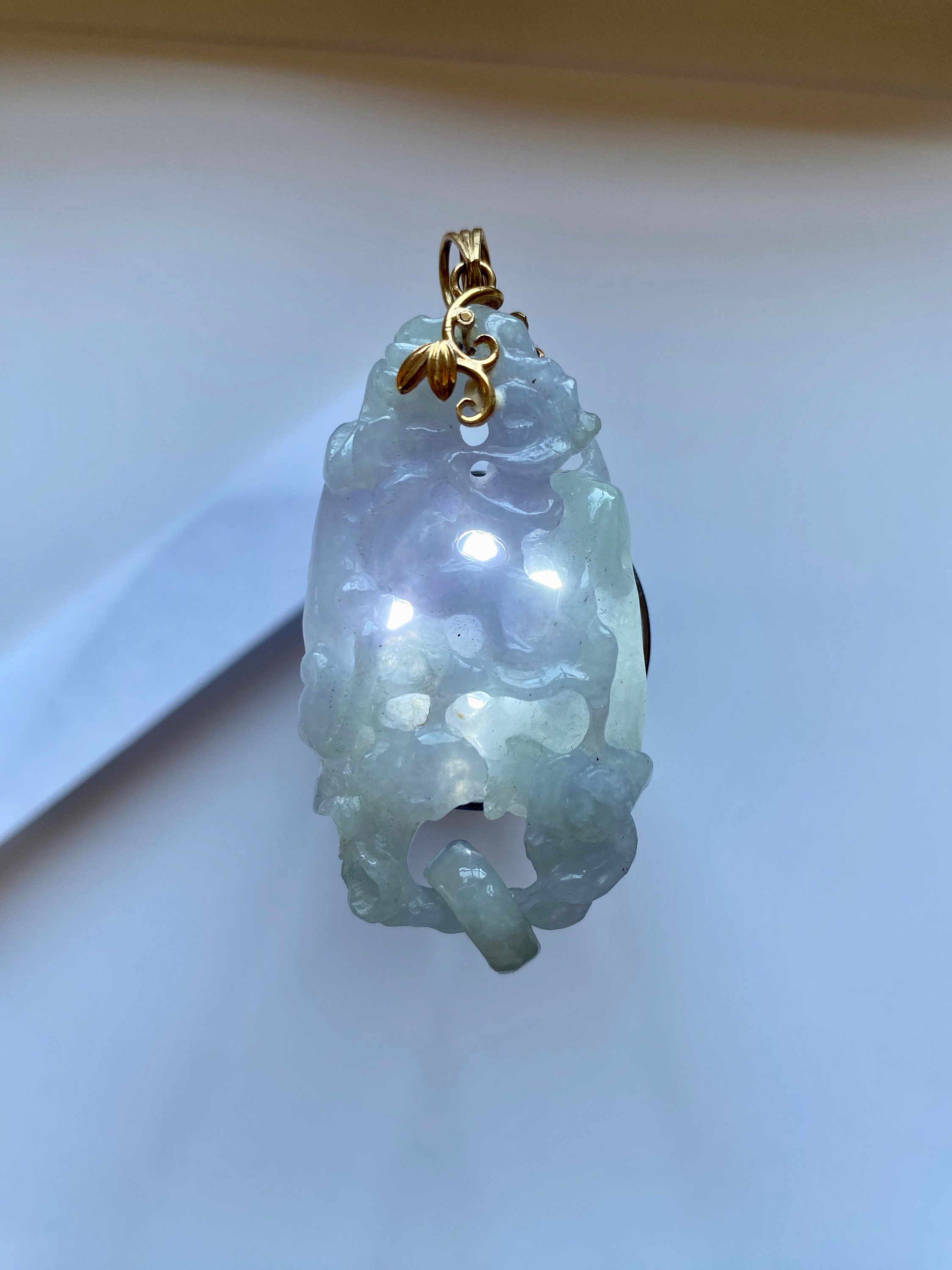 Carved 3D Jade Pendant Set With 14K Gold light Green & - Etsy