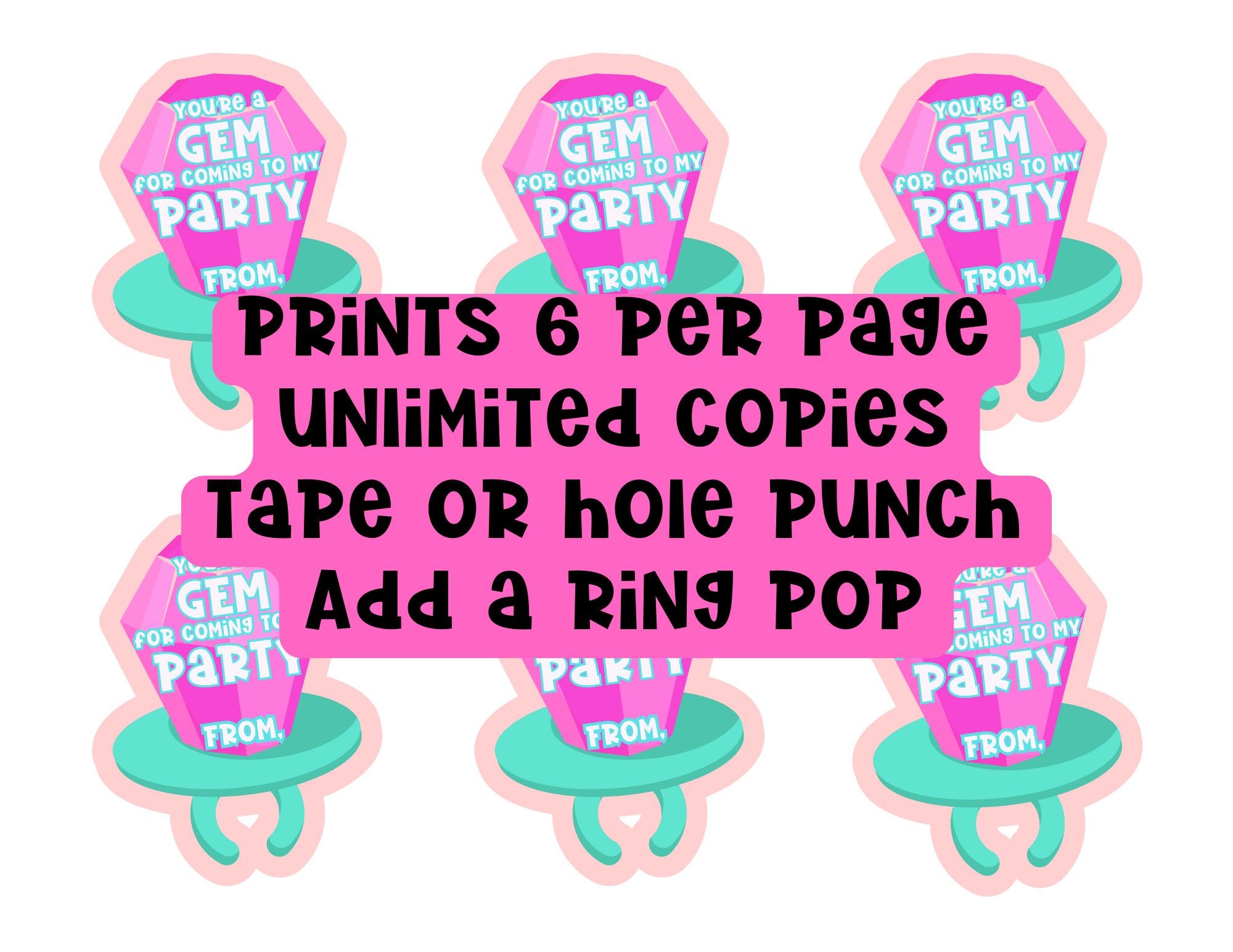 Ring Pop Gem Party Favor Tags Printable, Girls Birthday Party, Thank ...