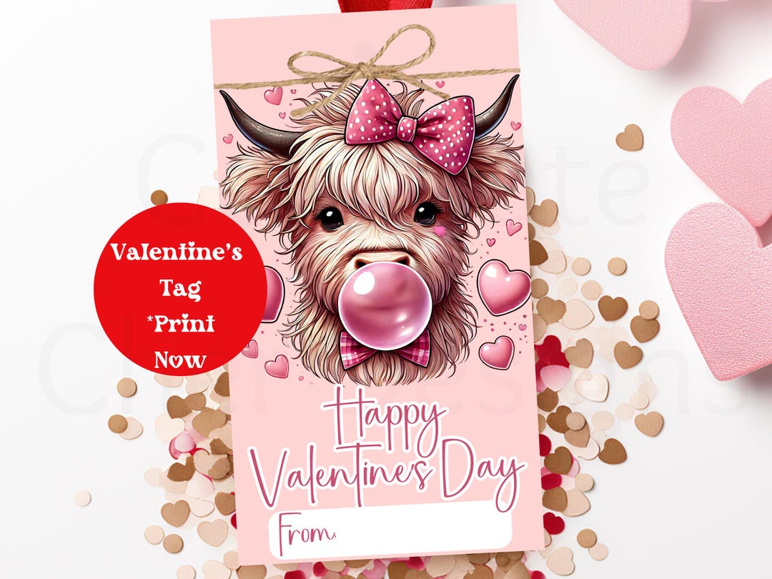 Highland Cow Valentine Gift Tag School, Bubble Gum, Instant Download - Etsy