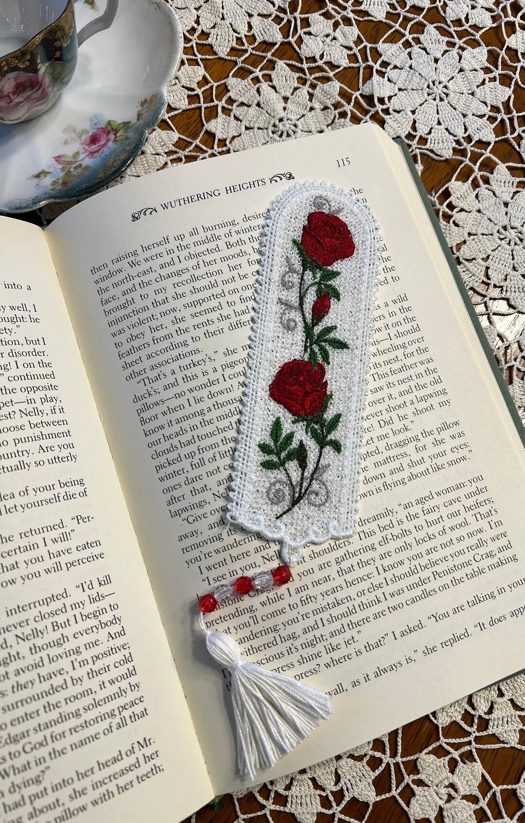 Embroidered Floral Roses Lace Bookmark With Beaded Tassel - Etsy
