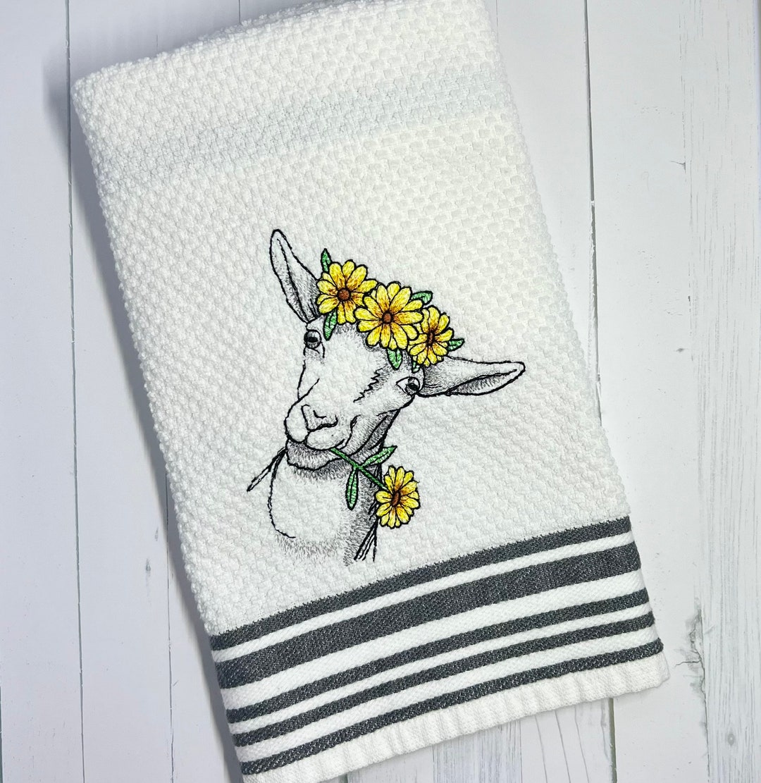 Goat With Daisies Kitchen Towel - Embroidered Floral Farmhouse Kitchen ...