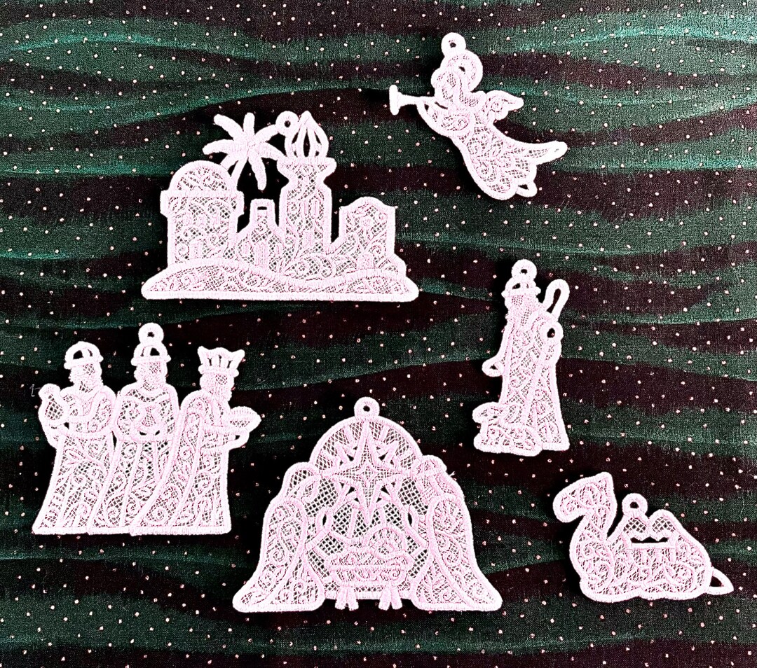 Nativity Set of 6 Christmas Ornaments- Embroidered Lace Manger Scene ...
