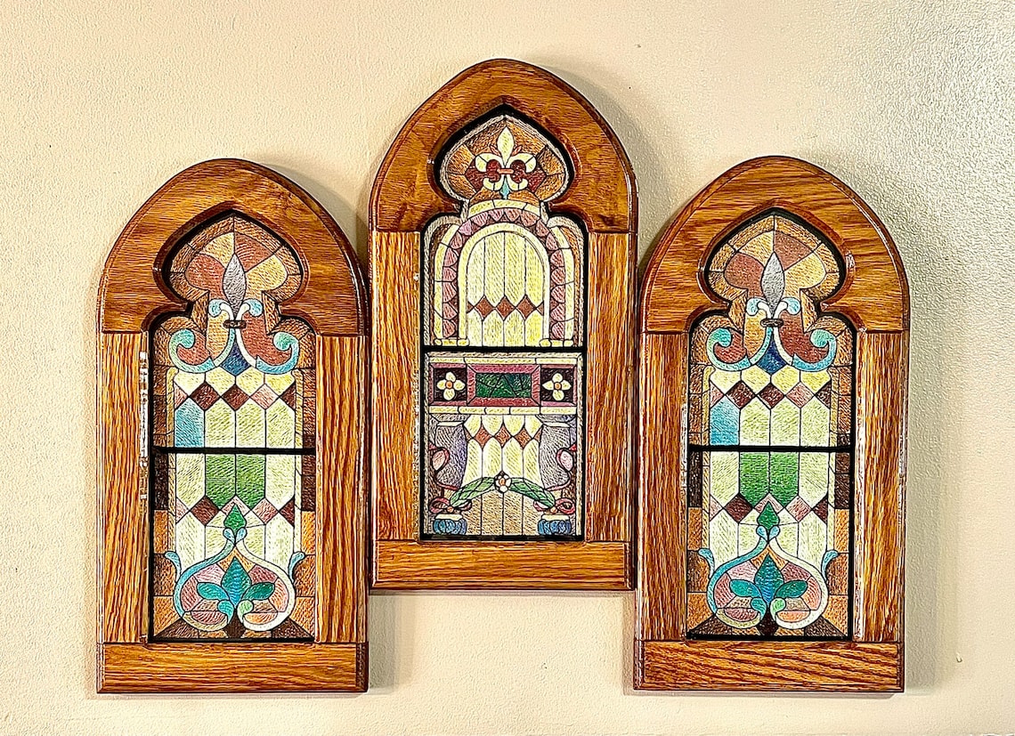 Handmade Stained Glass Threadart triptych Church Windows Custom Made ...