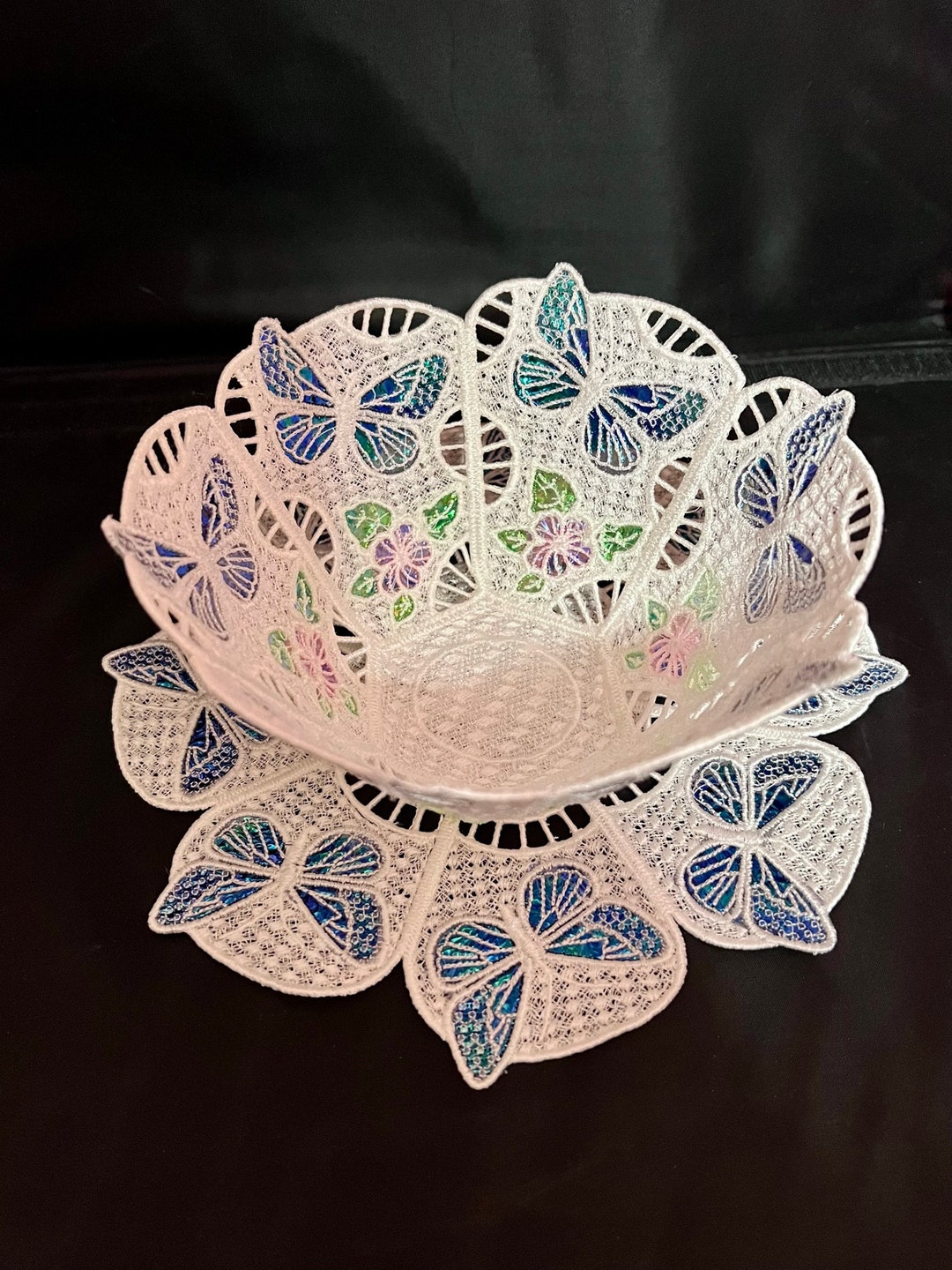 Lace Butterfly Bowl and Doily Set With Specialized Iridescent Applique ...