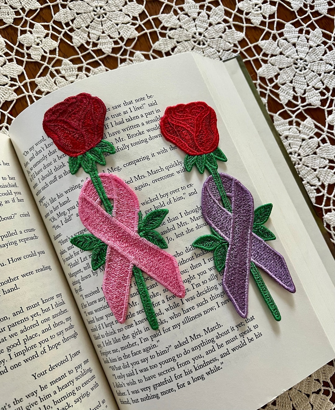 Lace Pink Cancer Awareness Ribbon & Rose Bookmark or Purple Ribbon ...