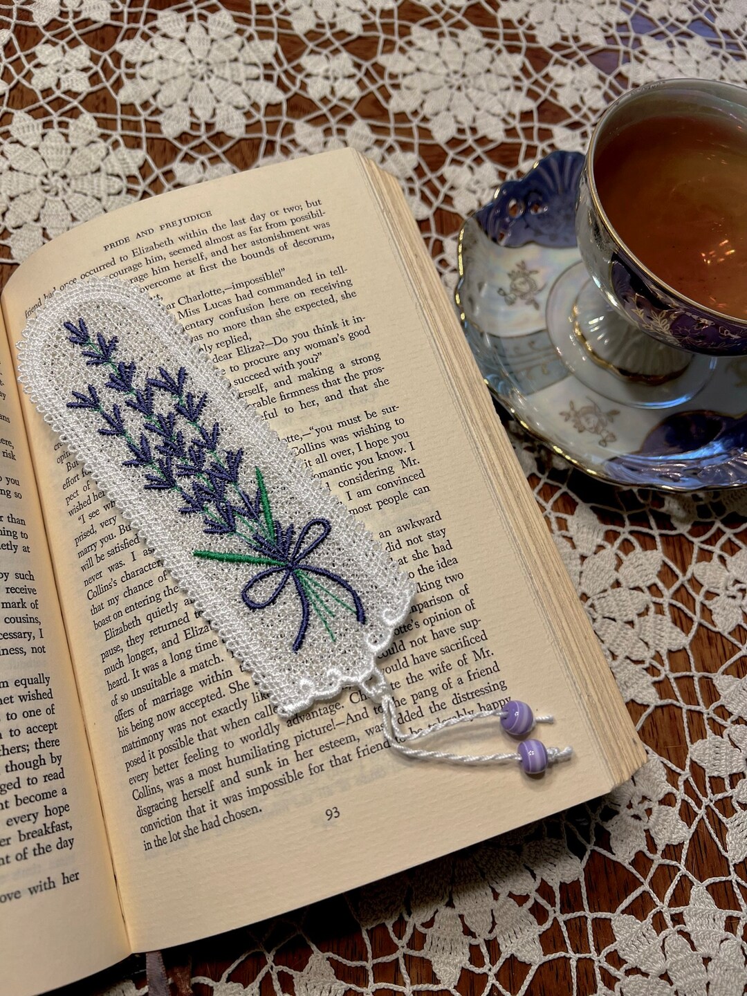 Embroidered Floral Lavender Lace Bookmark With Matching Twisted Threads ...