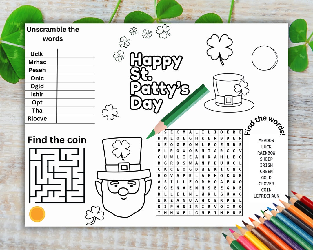 St Patricks Day Coloring Activity Page for Kids, Kids Activity, Word ...