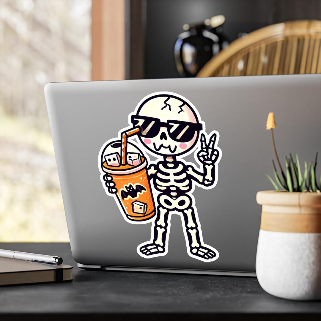 Skeleton Vinyl Decals, Cute Cartoon Kawaii Skeleton With Iced Coffee ...