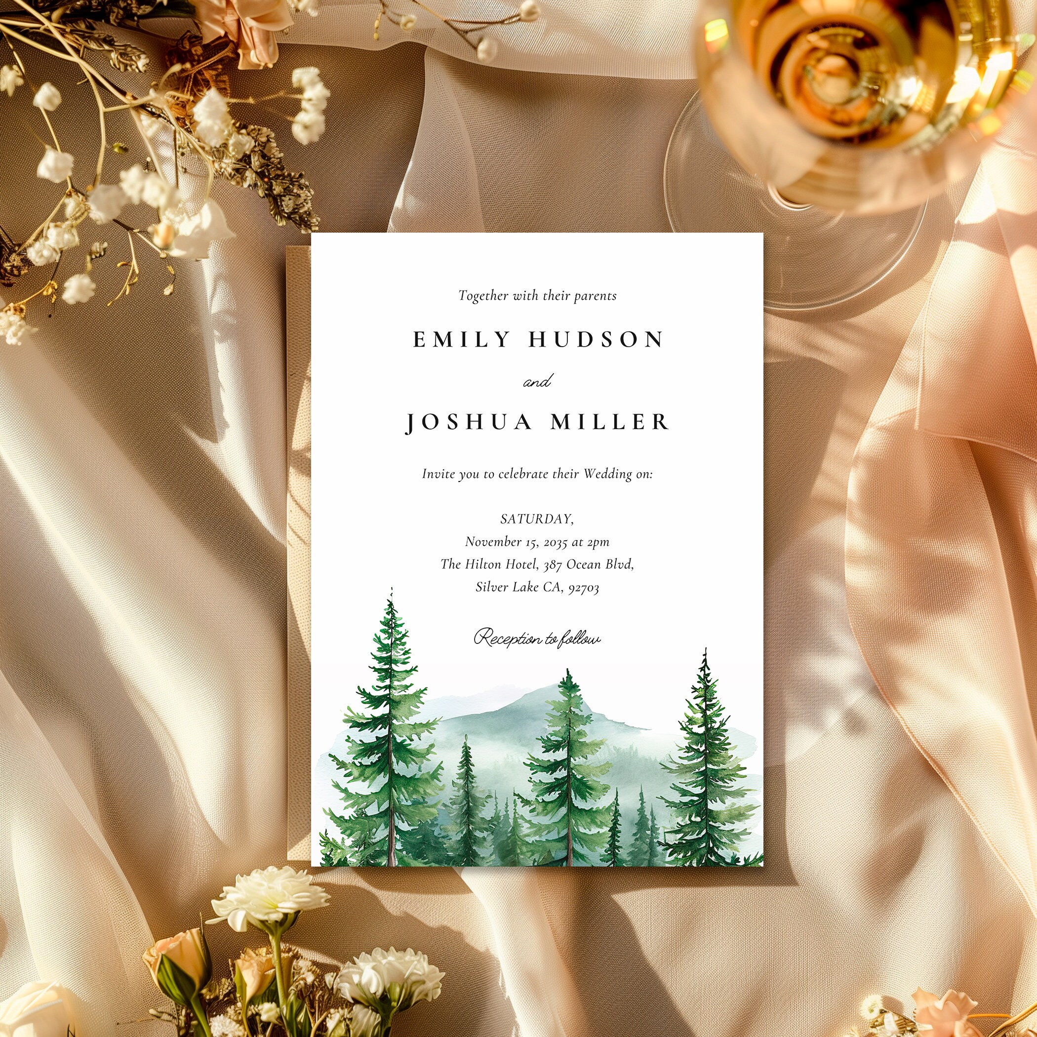 Rustic Pine Tree Forest Wedding Invitation Mountains Pine Tree Wedding ...