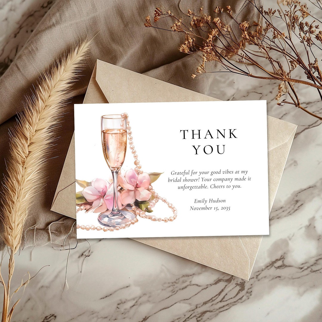 Pearls Petals Prosecco Bridal Shower Thank You Card (canva Template) - Etsy