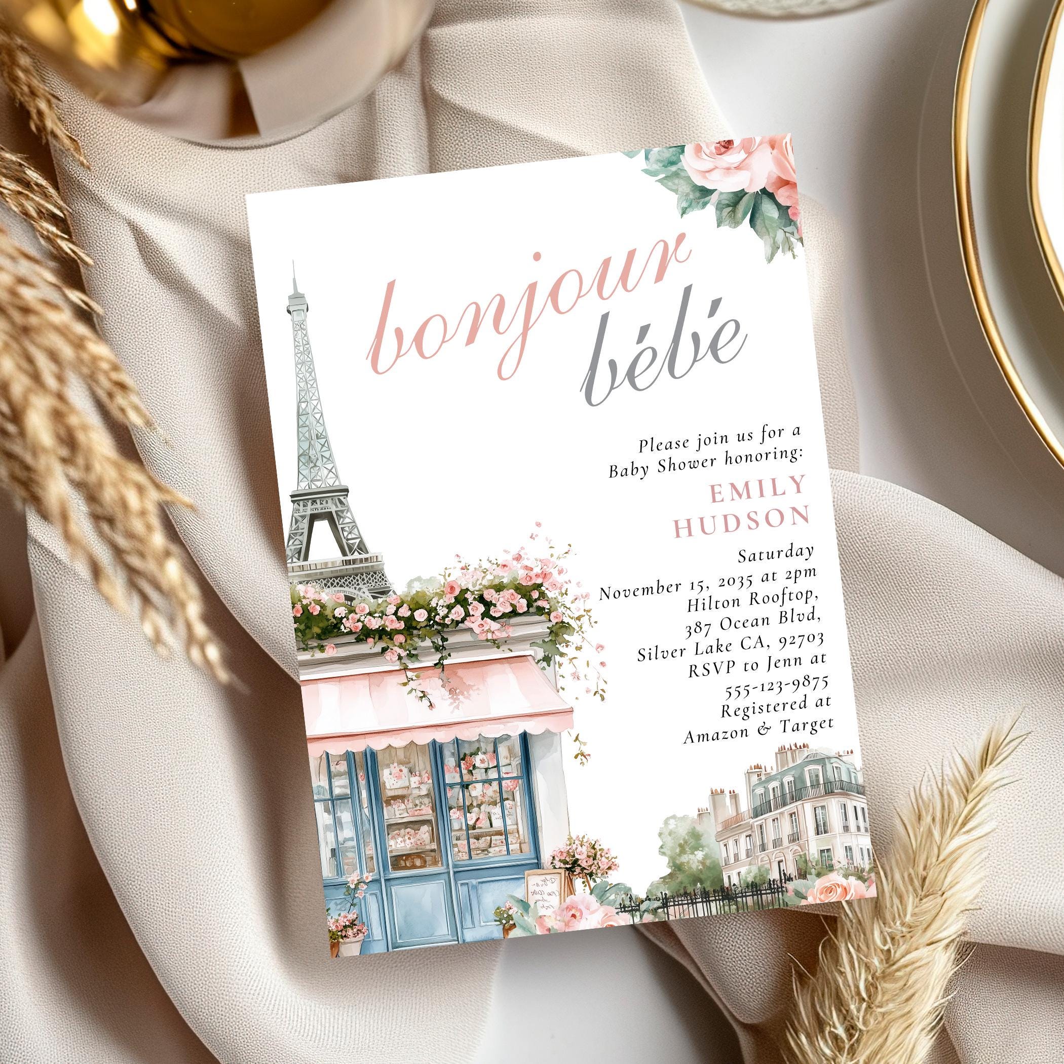 Bonjour Bébé Baby Shower Invitation: Paris Cafe Theme (canva Template ...