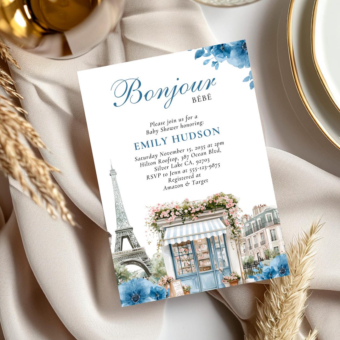 Bonjour Bébé Paris French Baby Shower Invitation | Baby Boy Cafe Store ...