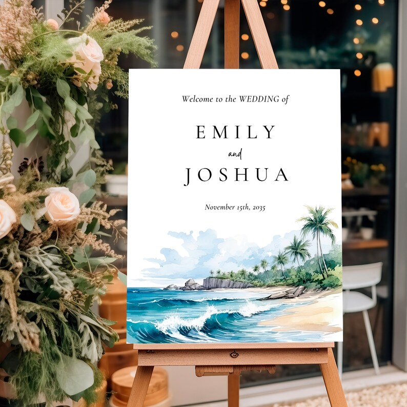 Tropical Summer Wedding Welcome Sign Floral Beach Wedding Welcome Sign ...