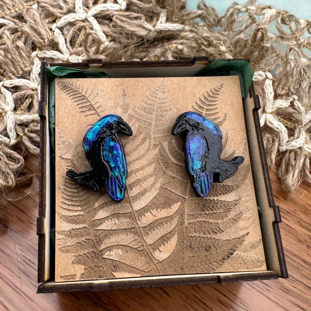 Hand-painted Ultra Iridescent Crow Raven Screw Back Stud Earrings ...