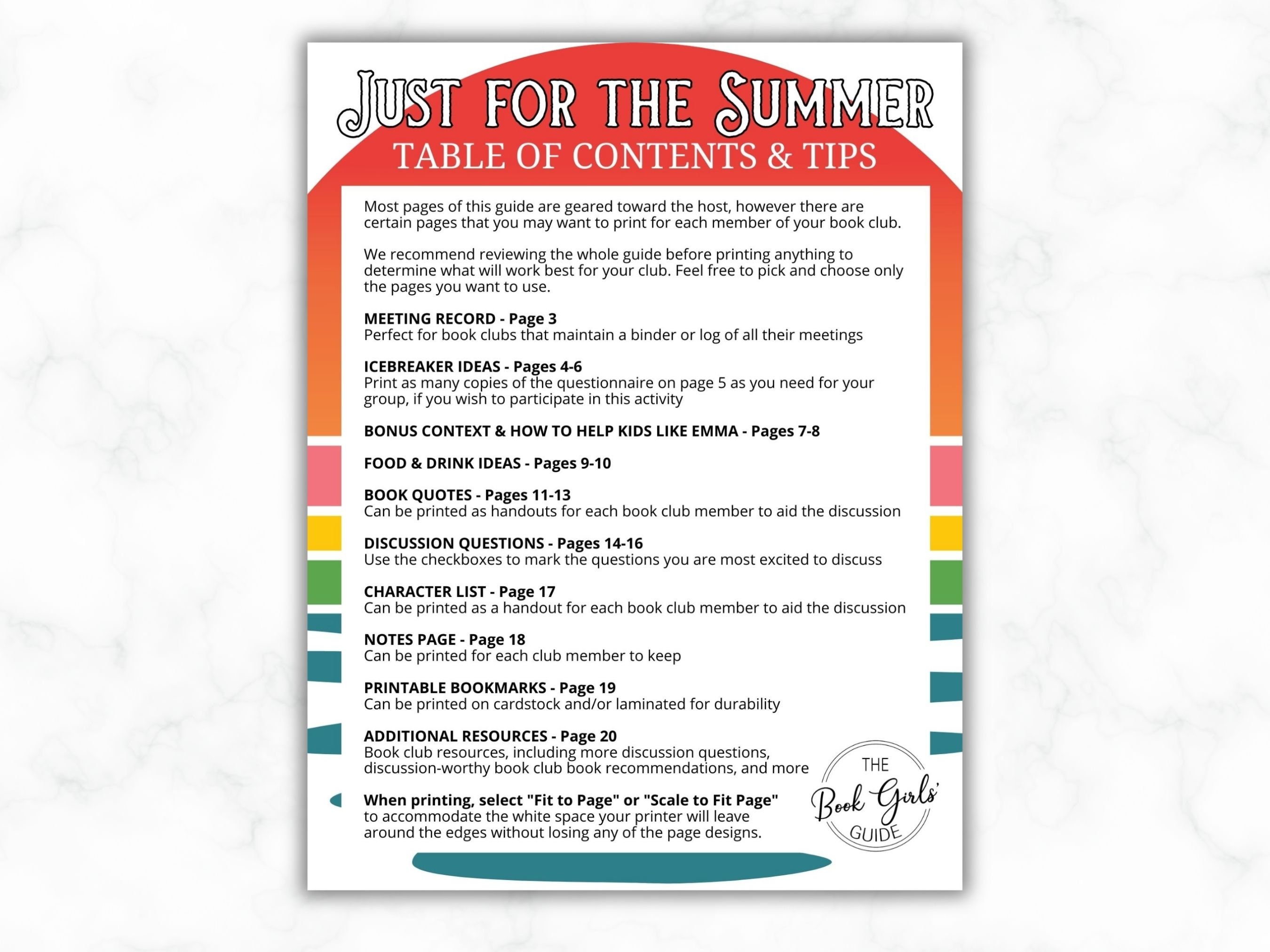 Just for the Summer Book Club Kit: Discussion Questions, Bookmarks ...