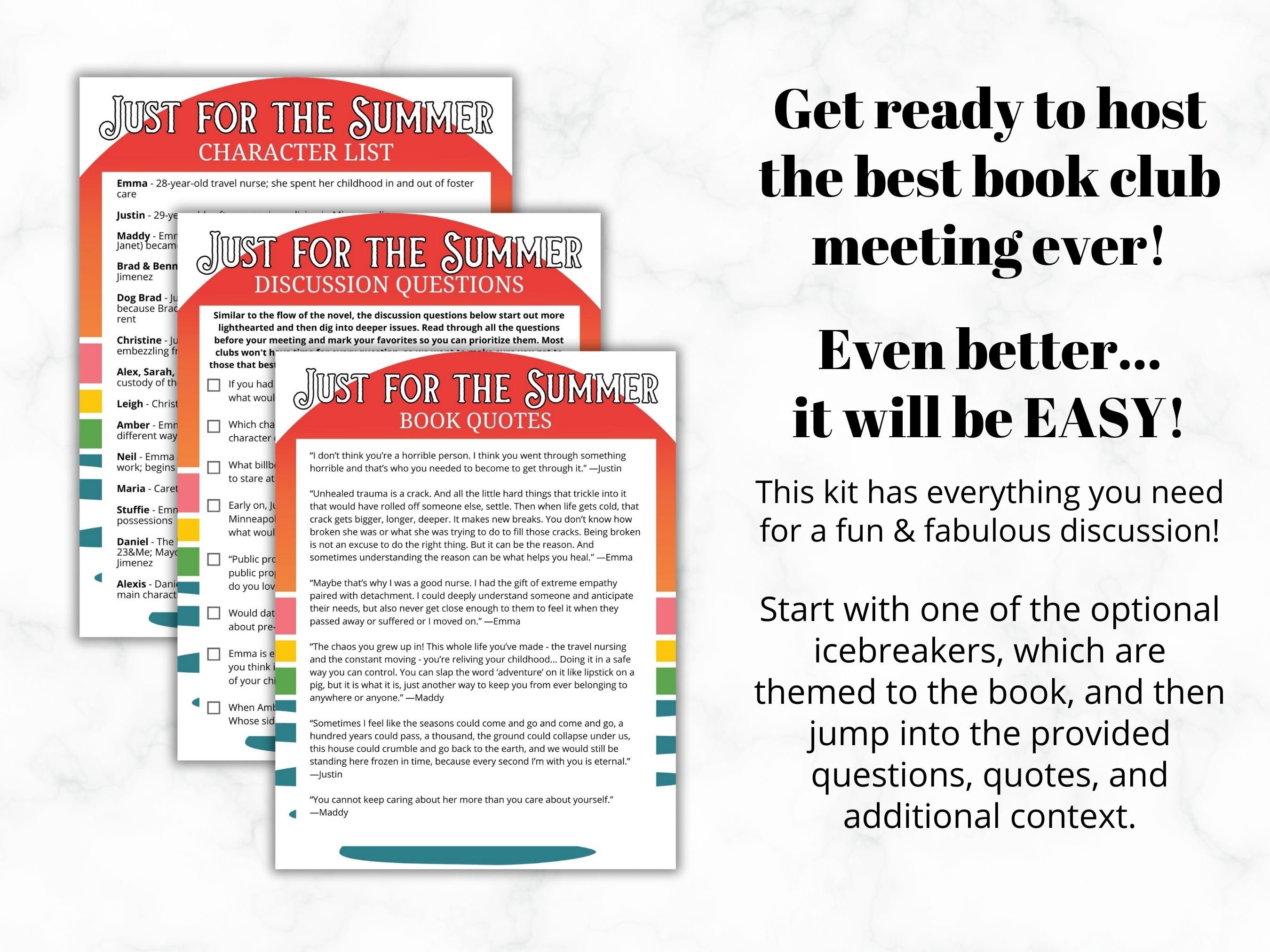 Just for the Summer Book Club Kit: Discussion Questions, Bookmarks ...