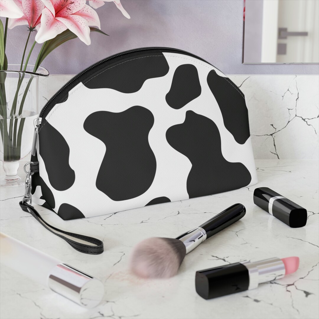 Round Black Cow Print Makeup Bag – Chic and Spacious Cosmetic Organiser ...