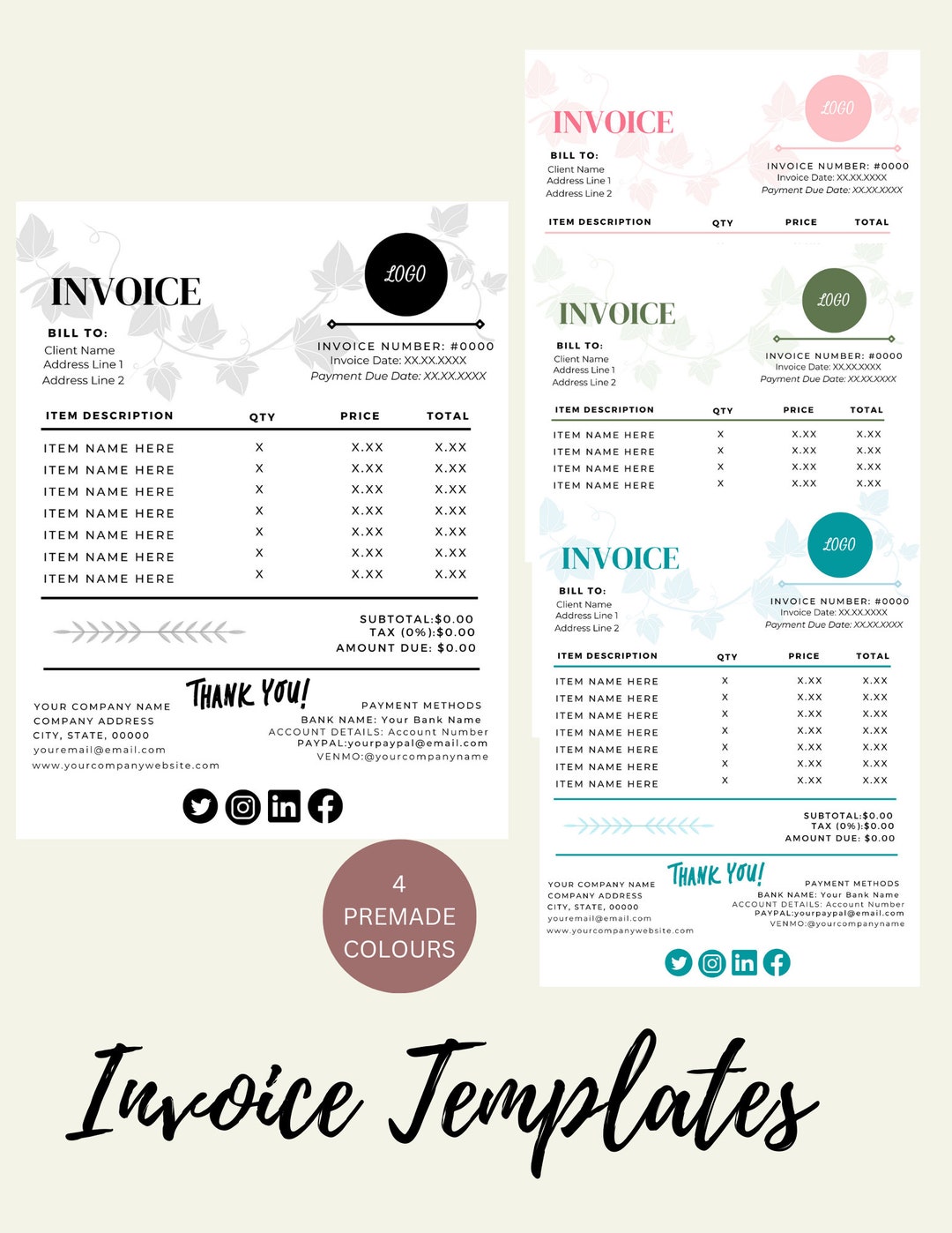 Invoice Editable Template Printable With Order Form Invoice, 4 Premade ...