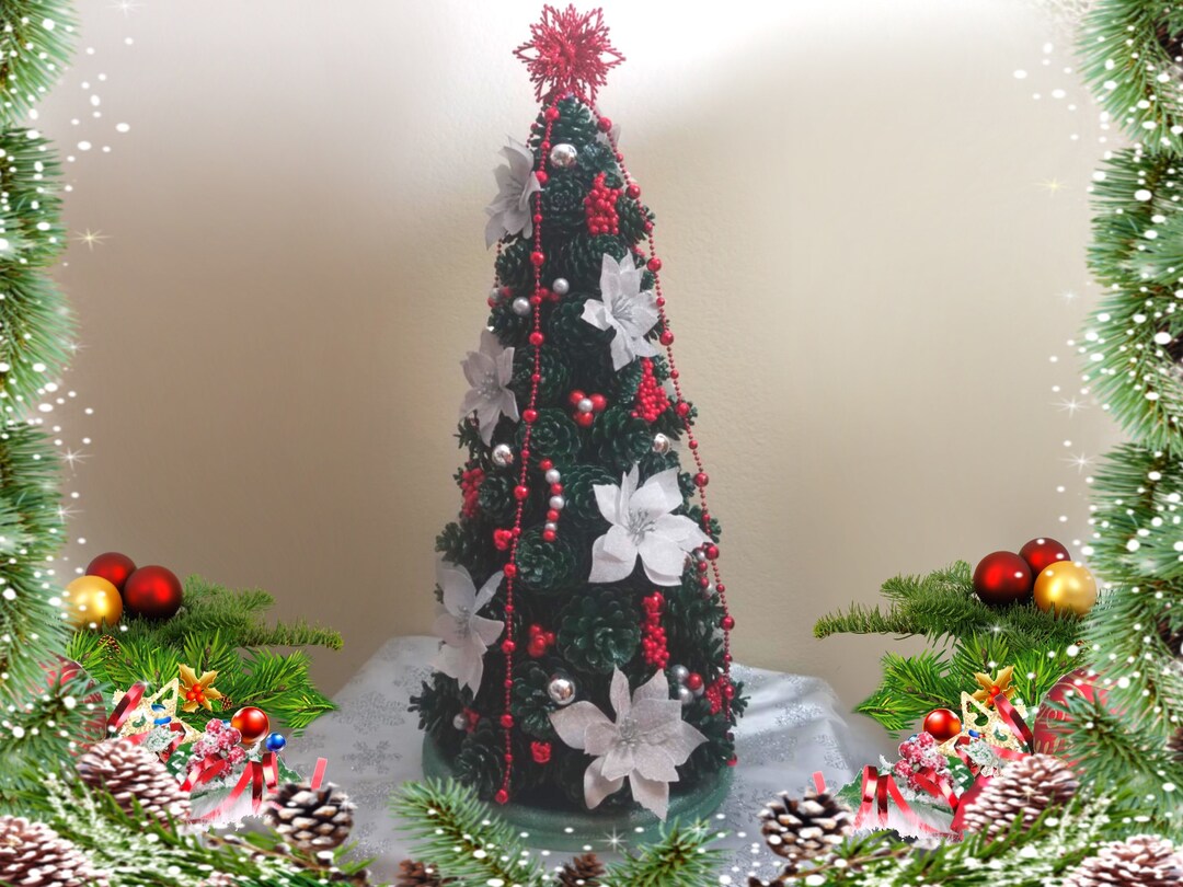 Holiday Pinecone Poinsettias Tree Table Top Decoration - Etsy