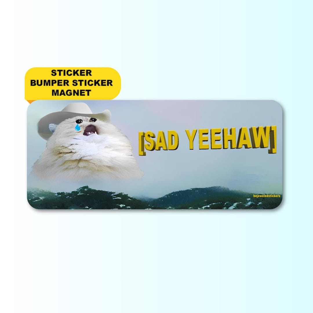 Sad Yeehaw | Sad Cute Cowboy Cat Gen Z Sticker, Bumper Sticker, Magnet ...