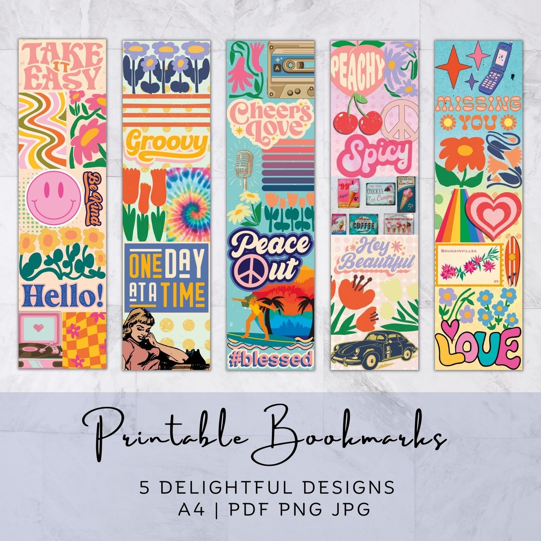 Retro Style Bookmarks Set of 5, Printable Bookmarks, Cute Digital Book ...