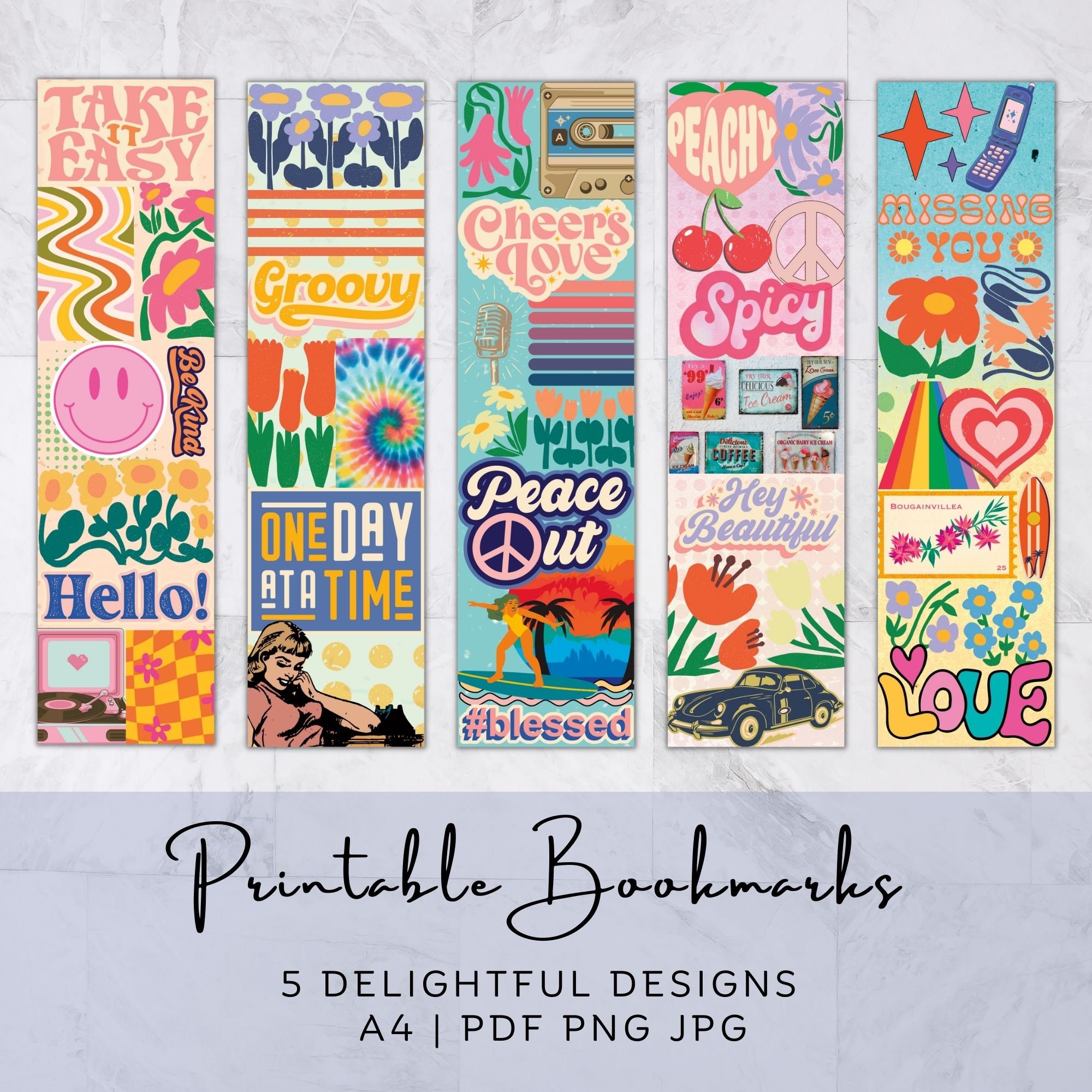Retro Style Bookmarks Set of 5 Printable Bookmarks Cute - Etsy