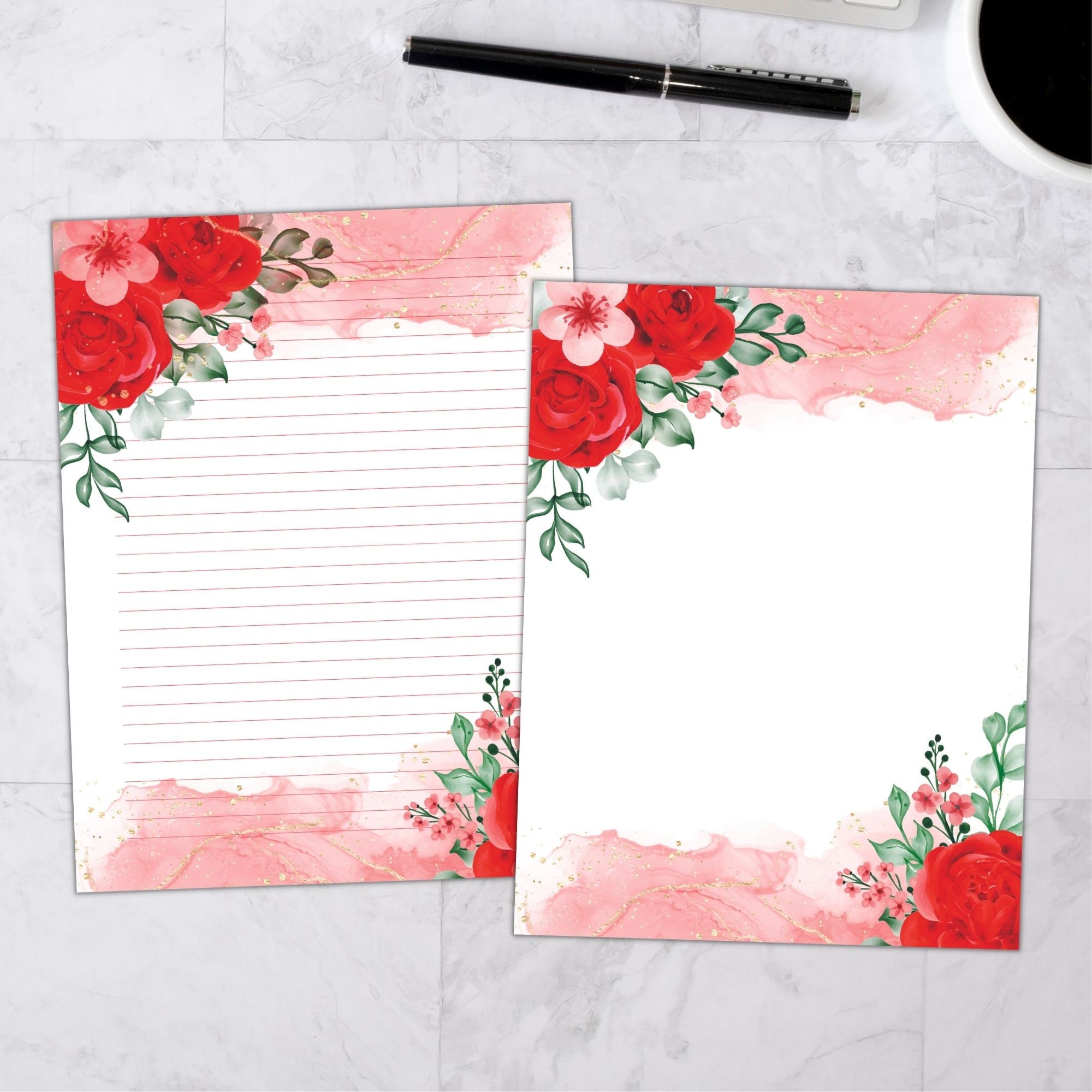 Printable Red Roses Stationery, Floral Penpal Paper, Letter Writing ...