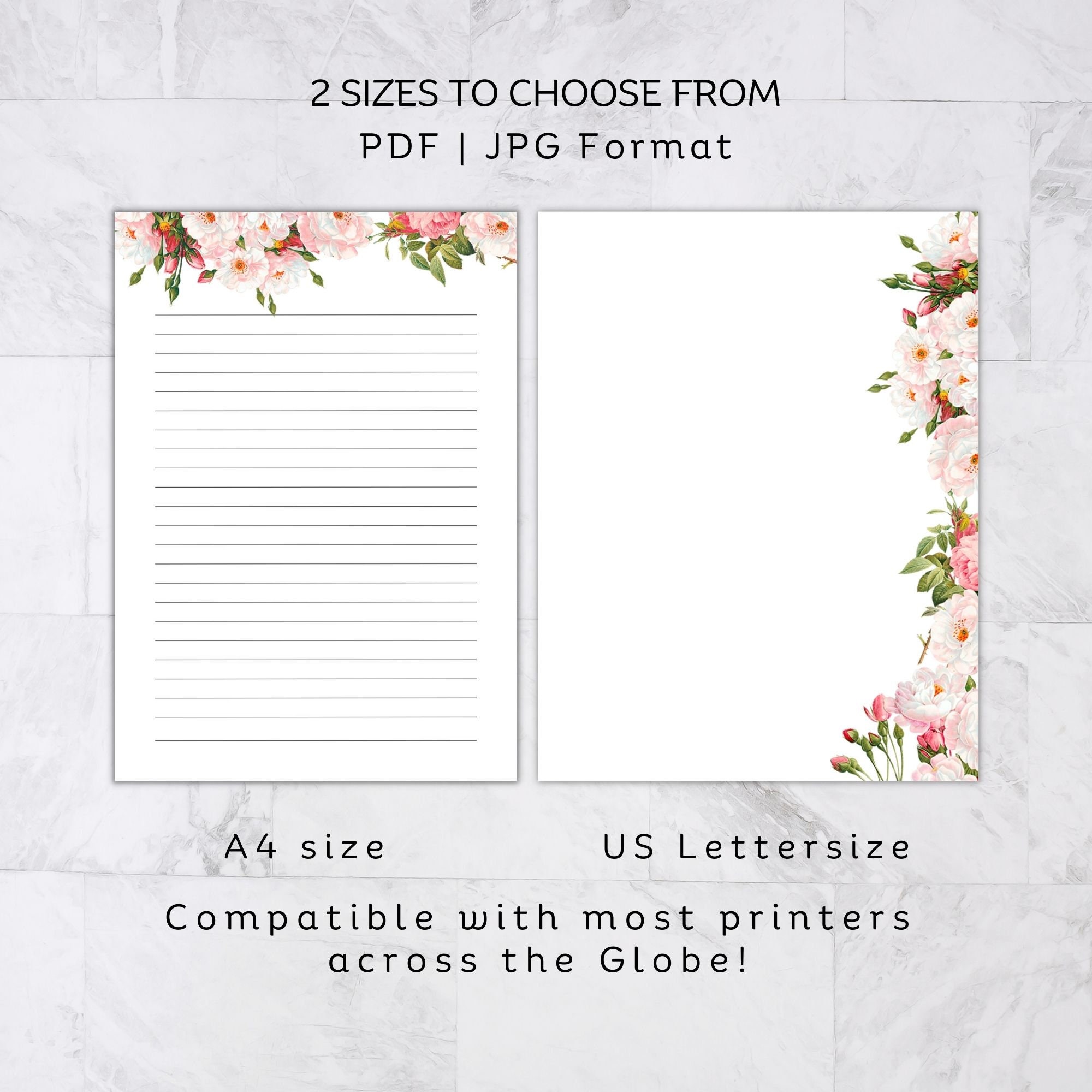 Pink Floral Printable Stationery, Letter Writing Paper, Lined Unlined ...