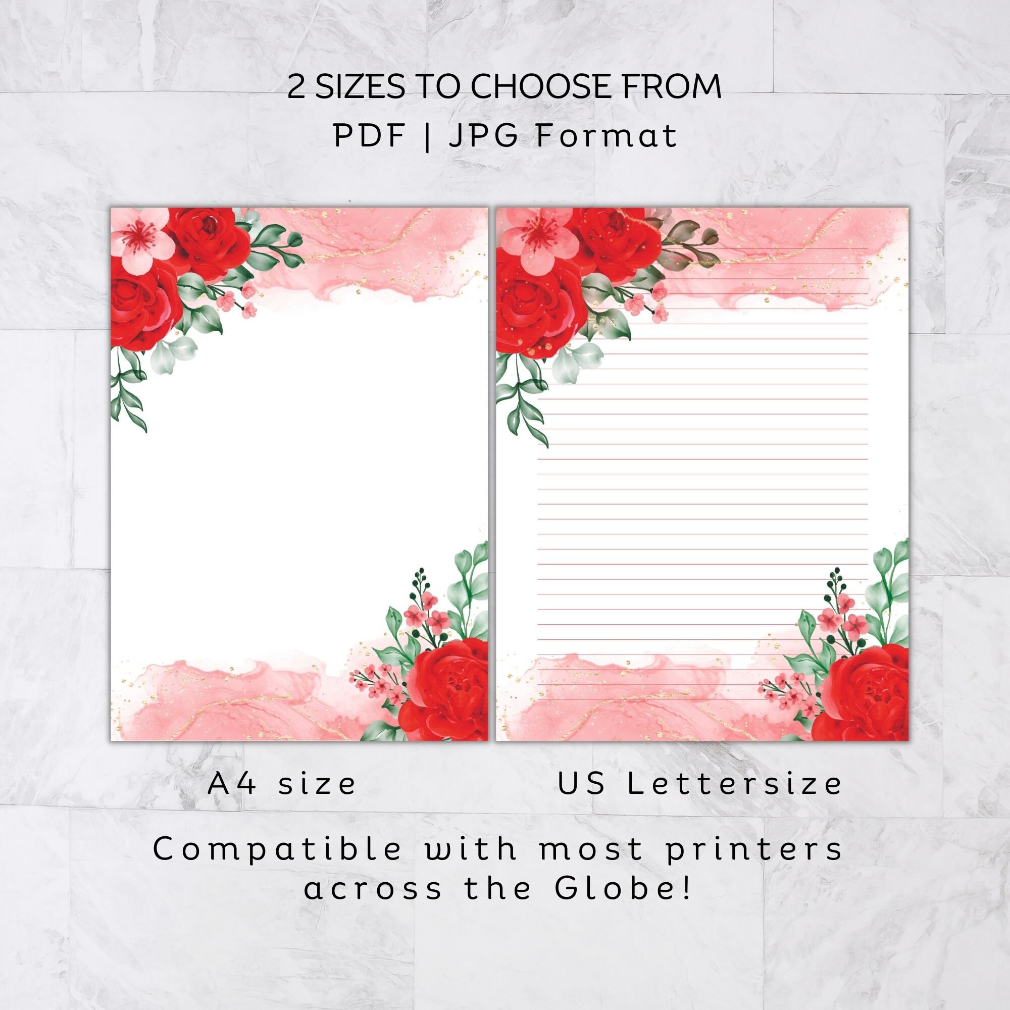 Printable Red Roses Stationery, Floral Penpal Paper, Letter Writing ...