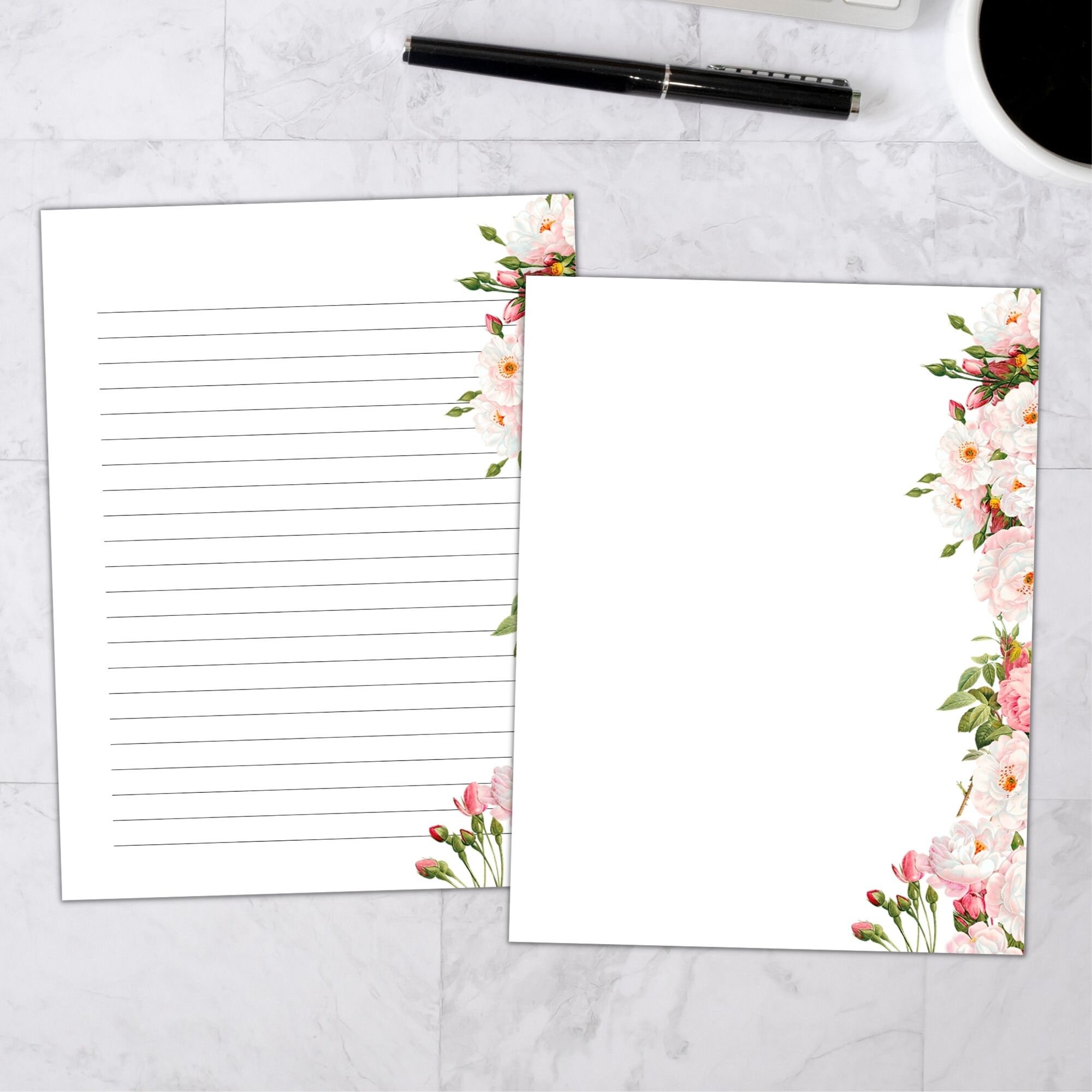 Pink Floral Printable Stationery, Letter Writing Paper, Lined Unlined ...