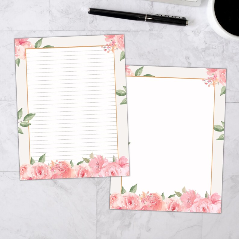 Printable Stationery Pink Roses, Letter Writing Paper, Lined Stationary ...