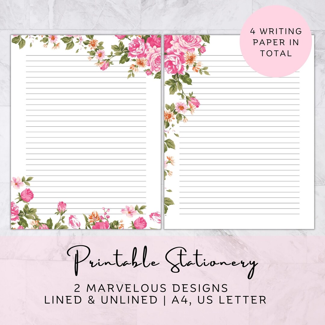 Pink Floral Printable Stationery, Letter Writing Paper, Digital Lined ...