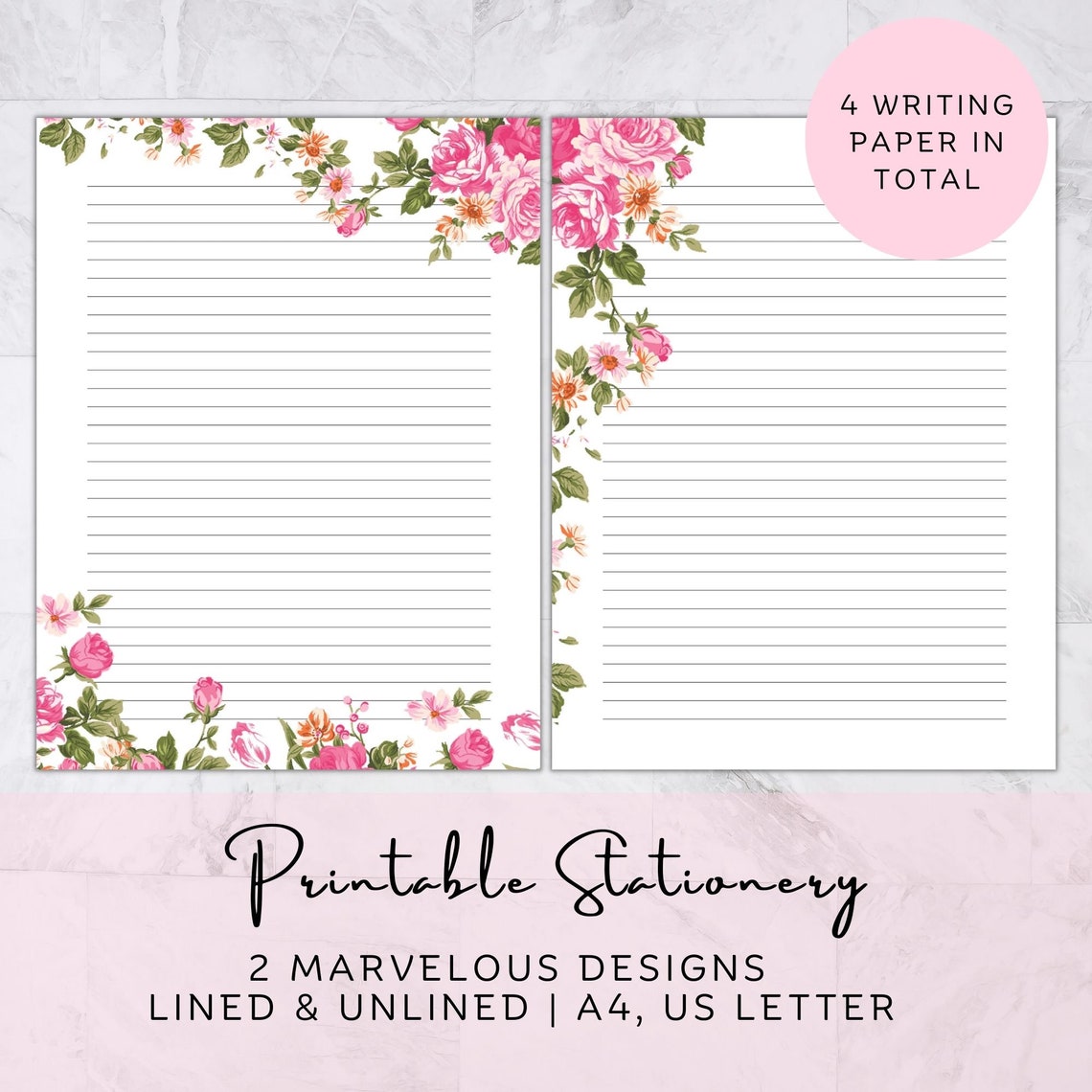 Pink Floral Printable Stationery Letter Writing Paper - Etsy