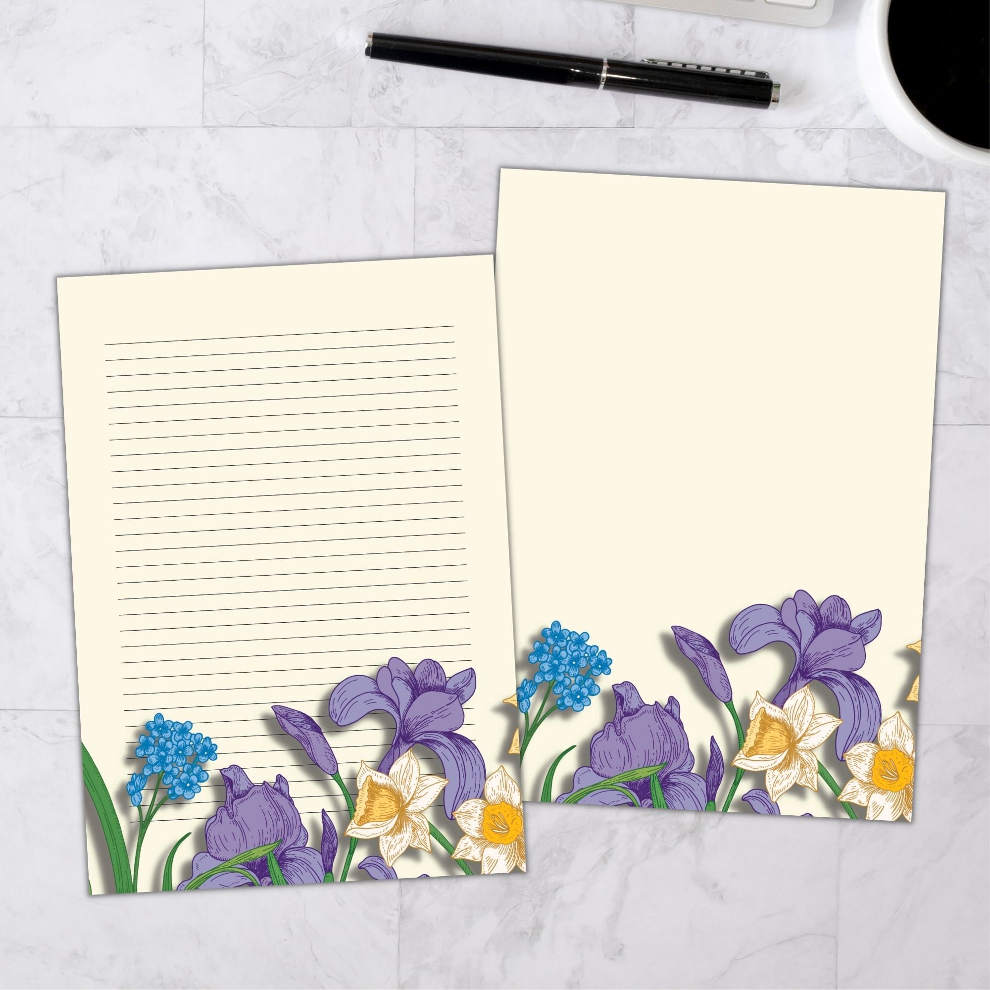 Blooming Flowers Printable Stationery, Floral Lined Stationary, Letter ...