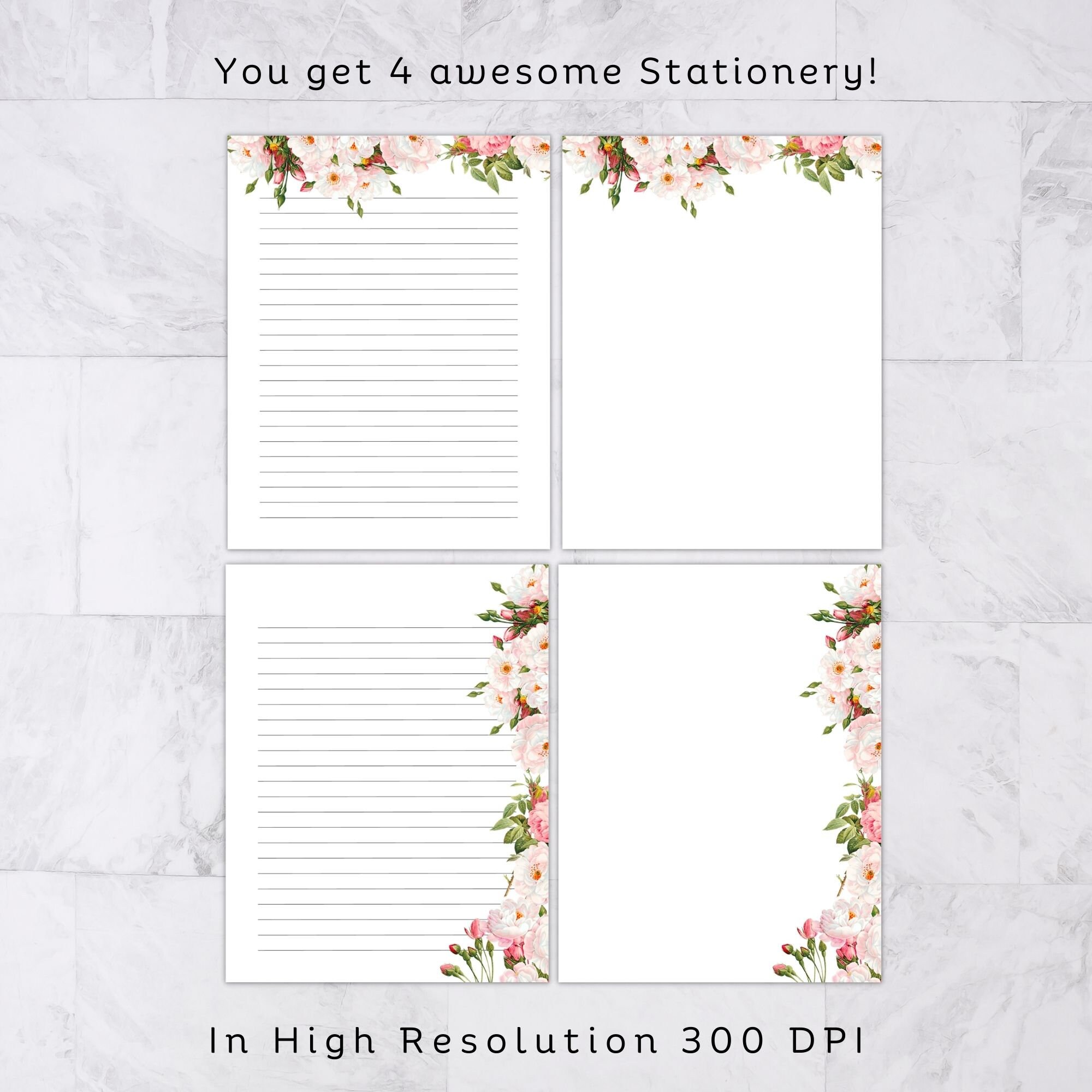 Pink Floral Printable Stationery, Letter Writing Paper, Lined Unlined ...