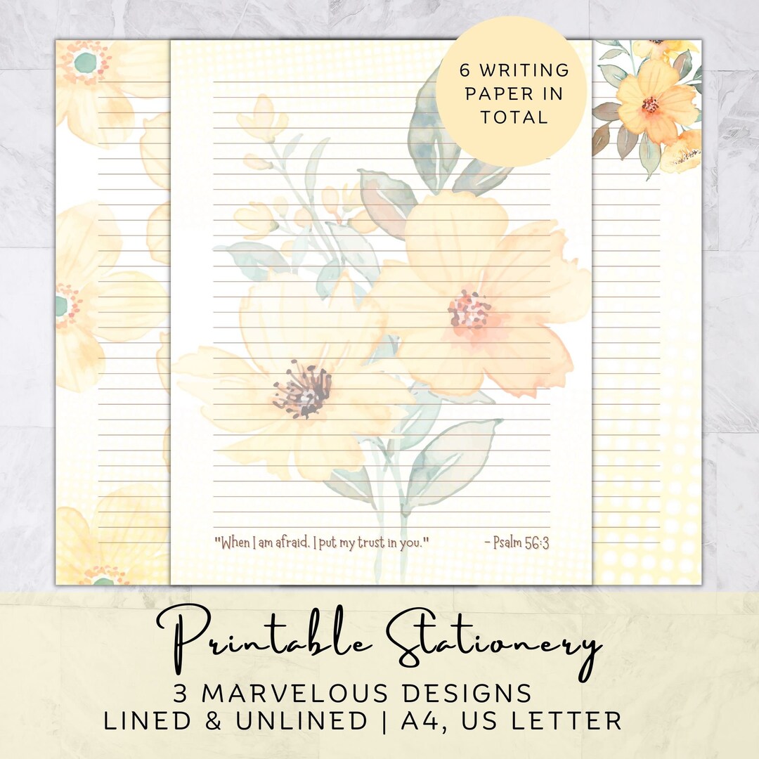 Printable Yellow Flowers Stationery, Floral Lined Stationary, Penpal ...