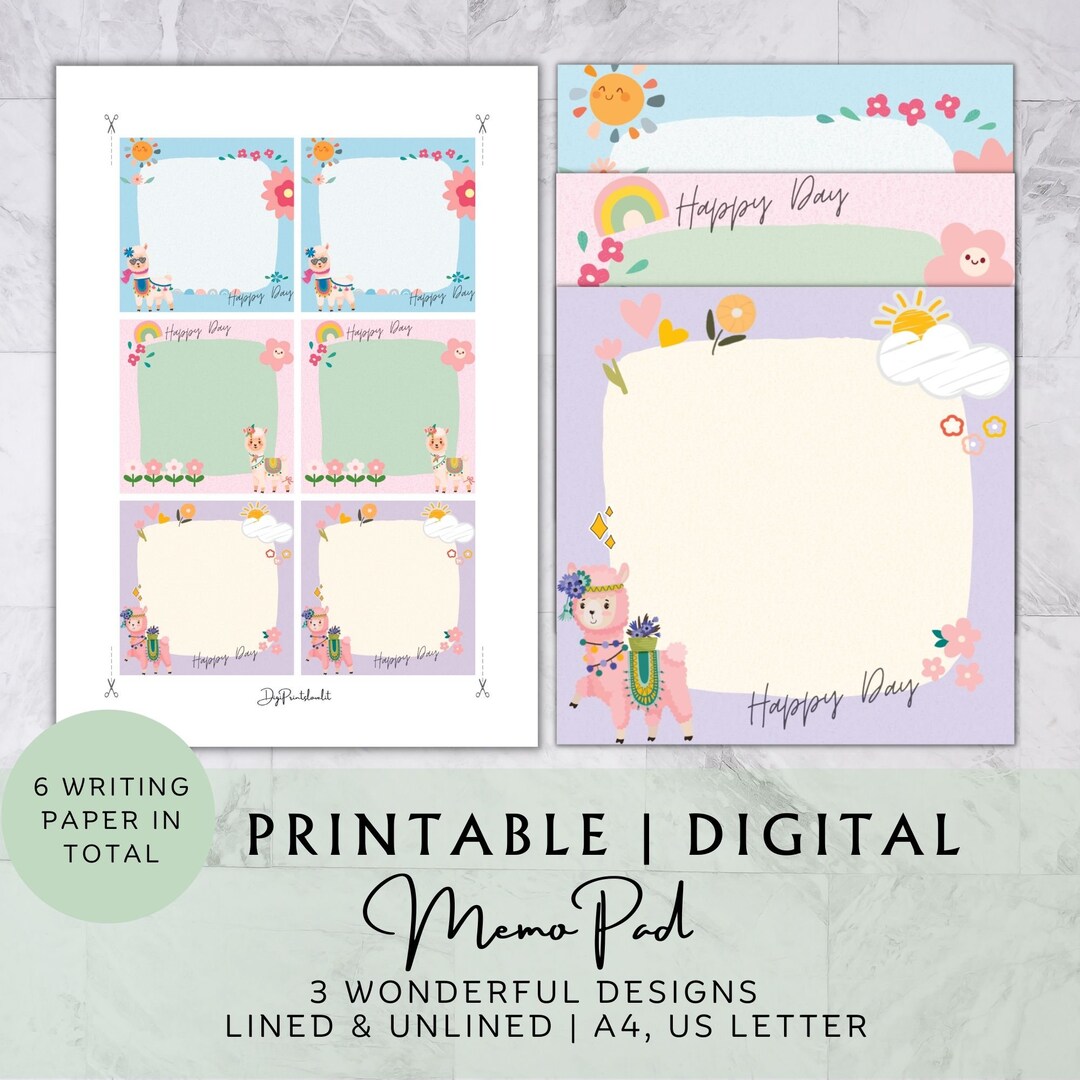 Cute Alpaca Printable Notepad, Pastel Memo Pad, Digital Sticky Notes ...