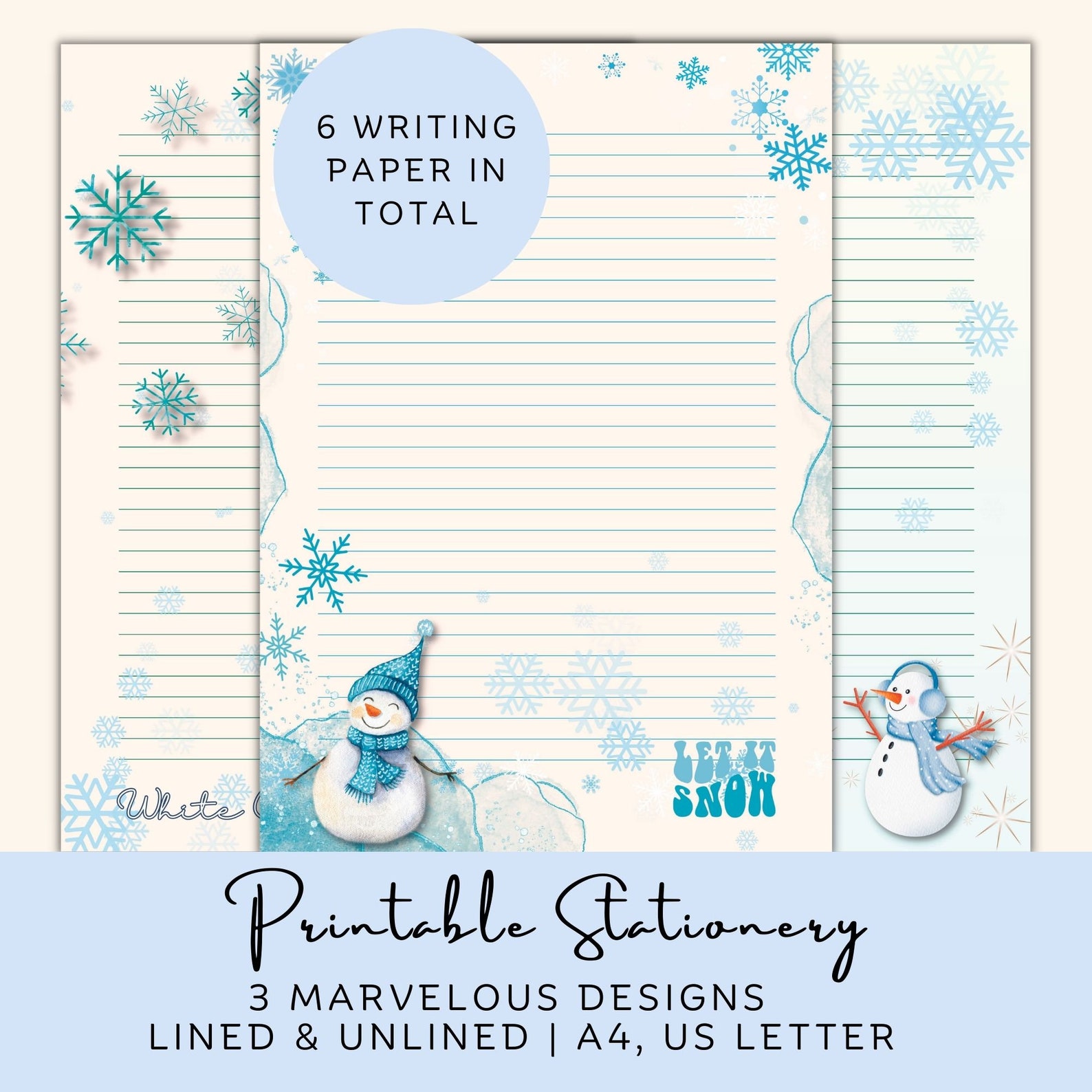 Snowman Snowflakes Printable Stationery, Winter Christmas Stationary ...