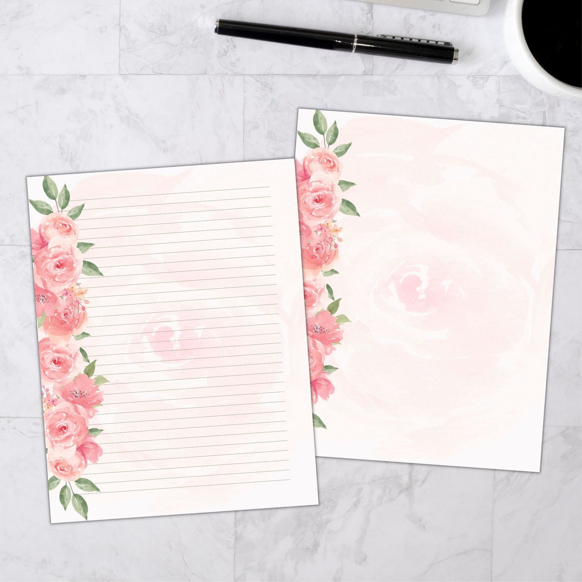 Printable Stationery Pink Roses, Letter Writing Paper, Lined Stationary ...