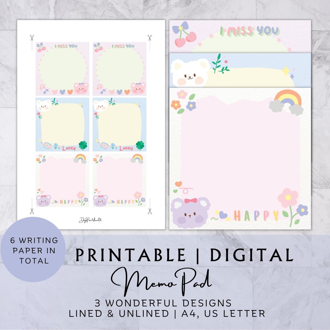 Cute Bear Printable Memo Pad, Digital Notepad, Pretty Sticky Notes ...