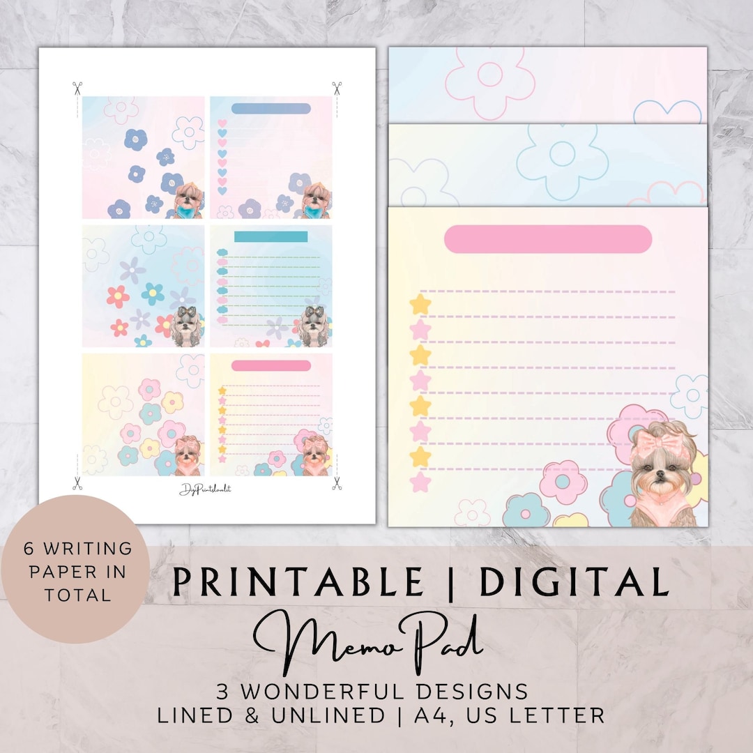 Cute Dog Printable Memo Pad, Small Note Pad, Digital Notes, Kawaii Memo ...