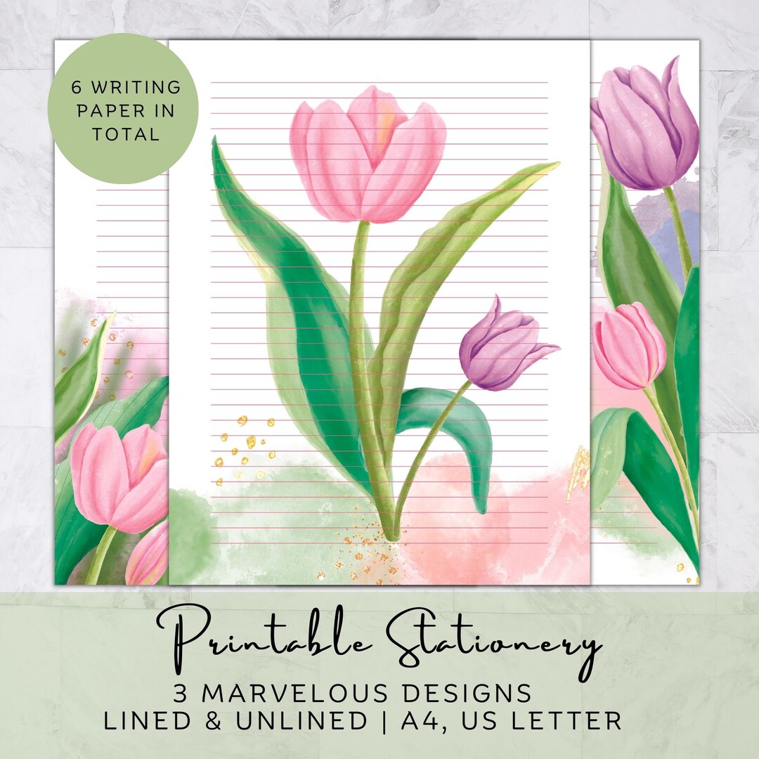Tulips Printable Stationery, Letter Writing Set, Lined Unlined ...