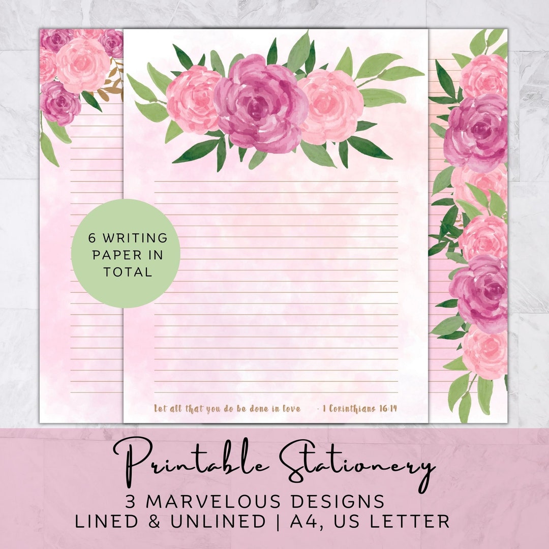 Printable Stationery Blush Pink Floral, Stationary Writing Paper, Lined ...