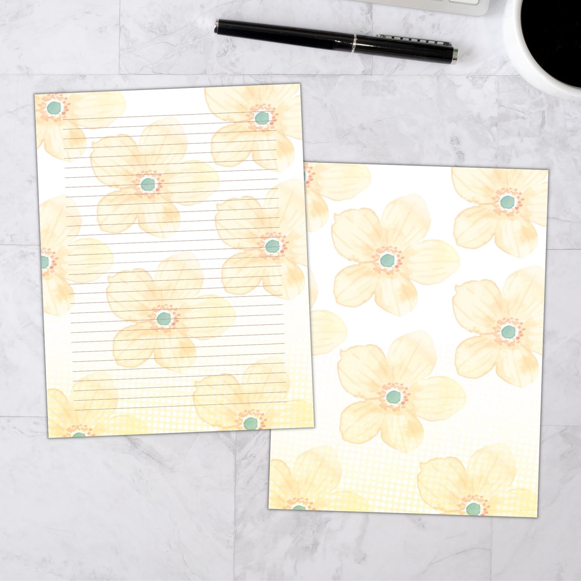Printable Yellow Flowers Stationery, Floral Lined Stationary, Penpal ...