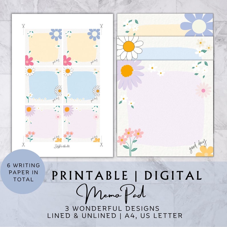 Pastel Daisy Memo Pad Printable, Cute Notepad, Digital Sticky Notes, to ...