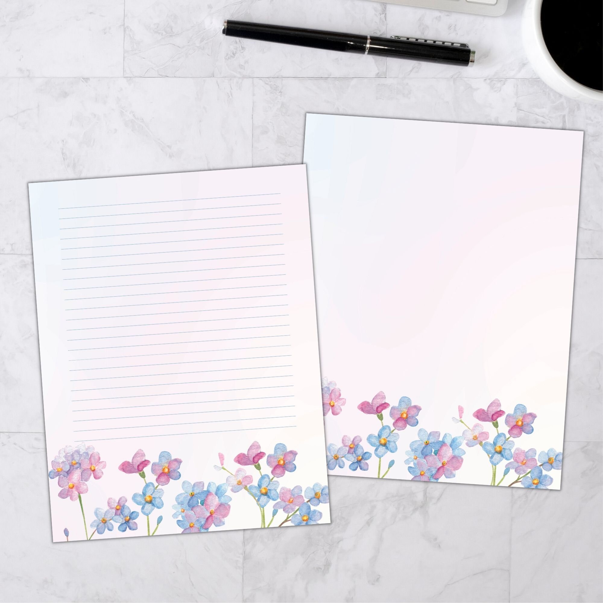 Printable Cute Flower Stationery, Pastel Lined Stationary, Letter ...