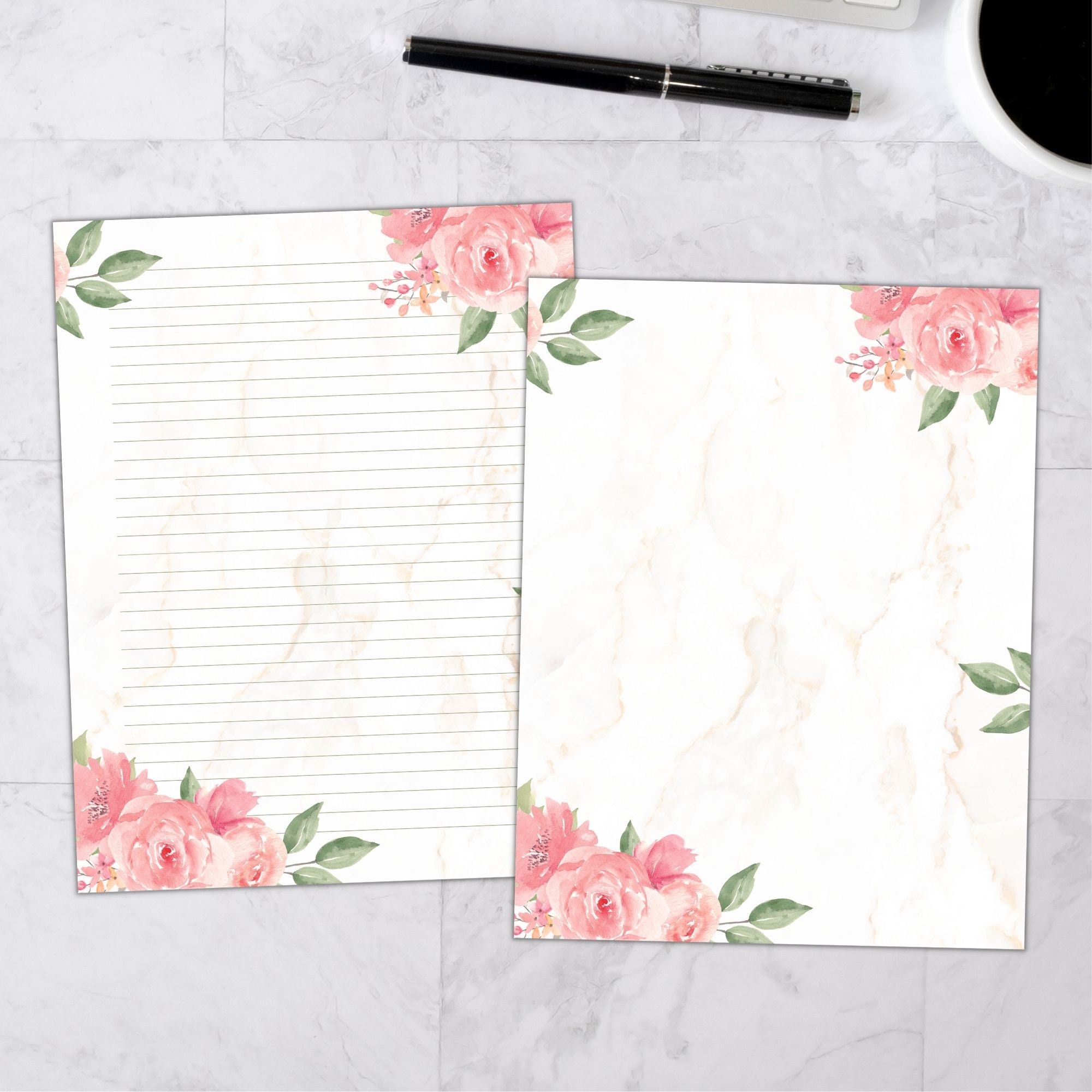 Printable Stationery Pink Roses, Letter Writing Paper, Lined Stationary ...