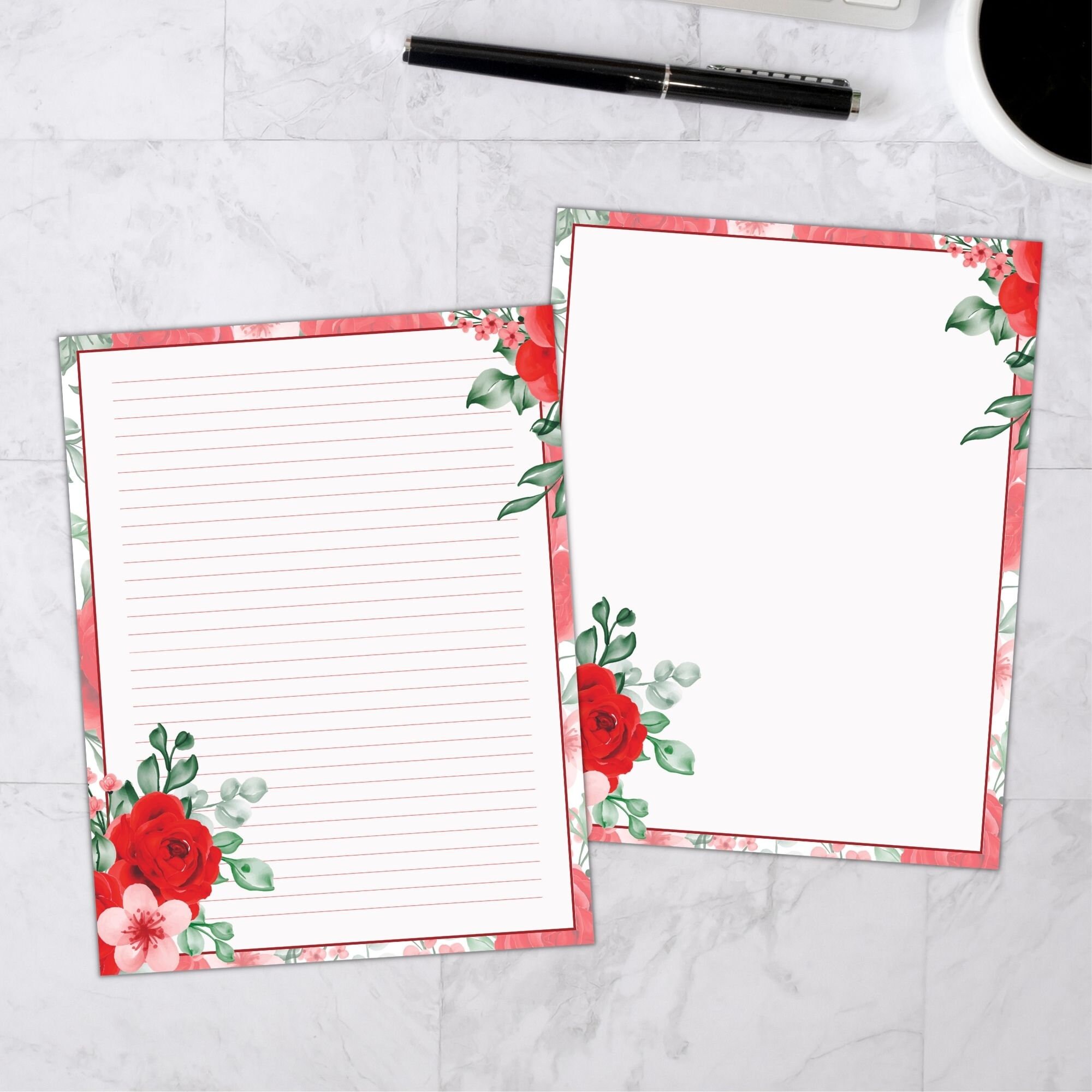 Printable Red Roses Stationery, Floral Penpal Paper, Letter Writing ...