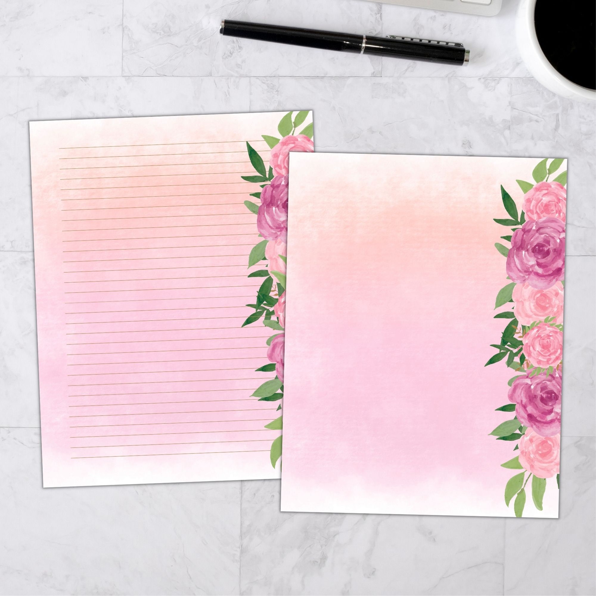 Printable Stationery Blush Pink Floral, Stationary Writing Paper, Lined ...